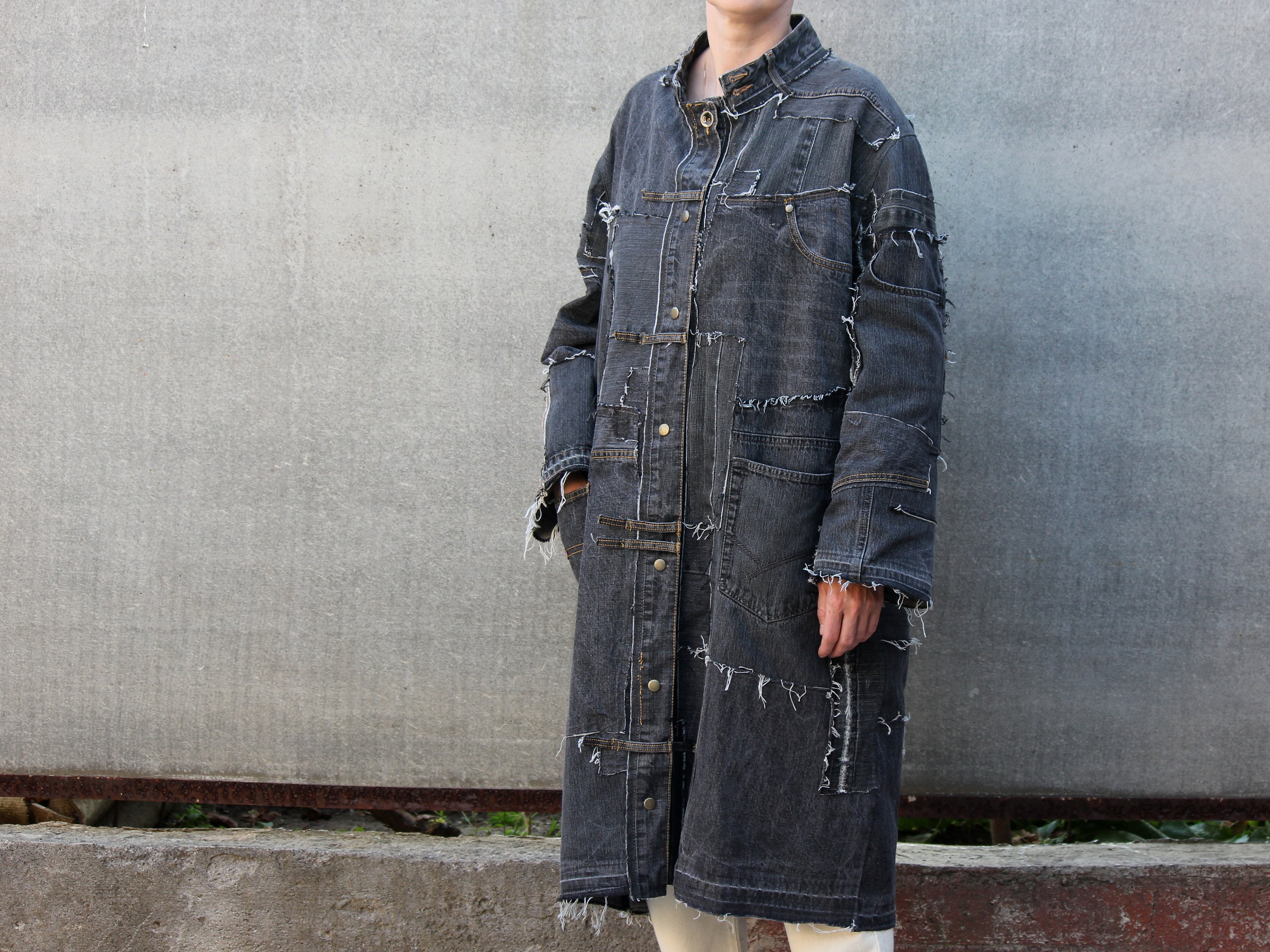 Ripped Grey Denim Coat, Oversize Jeans Robe, Unisex Distressed Cotton ...