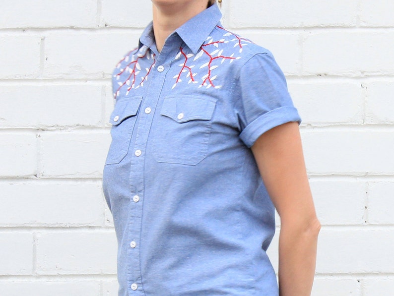 Hand Embroidered Blue Floral Shirt Hand Stitched Blouse for - Etsy
