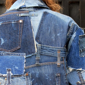 Long Patchwork Jeans Coat, Designer Art Denim Unisex Jacket, Rip Jeans ...