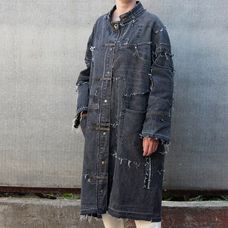 Ripped Grey Denim Coat, Oversize Jeans Robe, Unisex Distressed Cotton ...