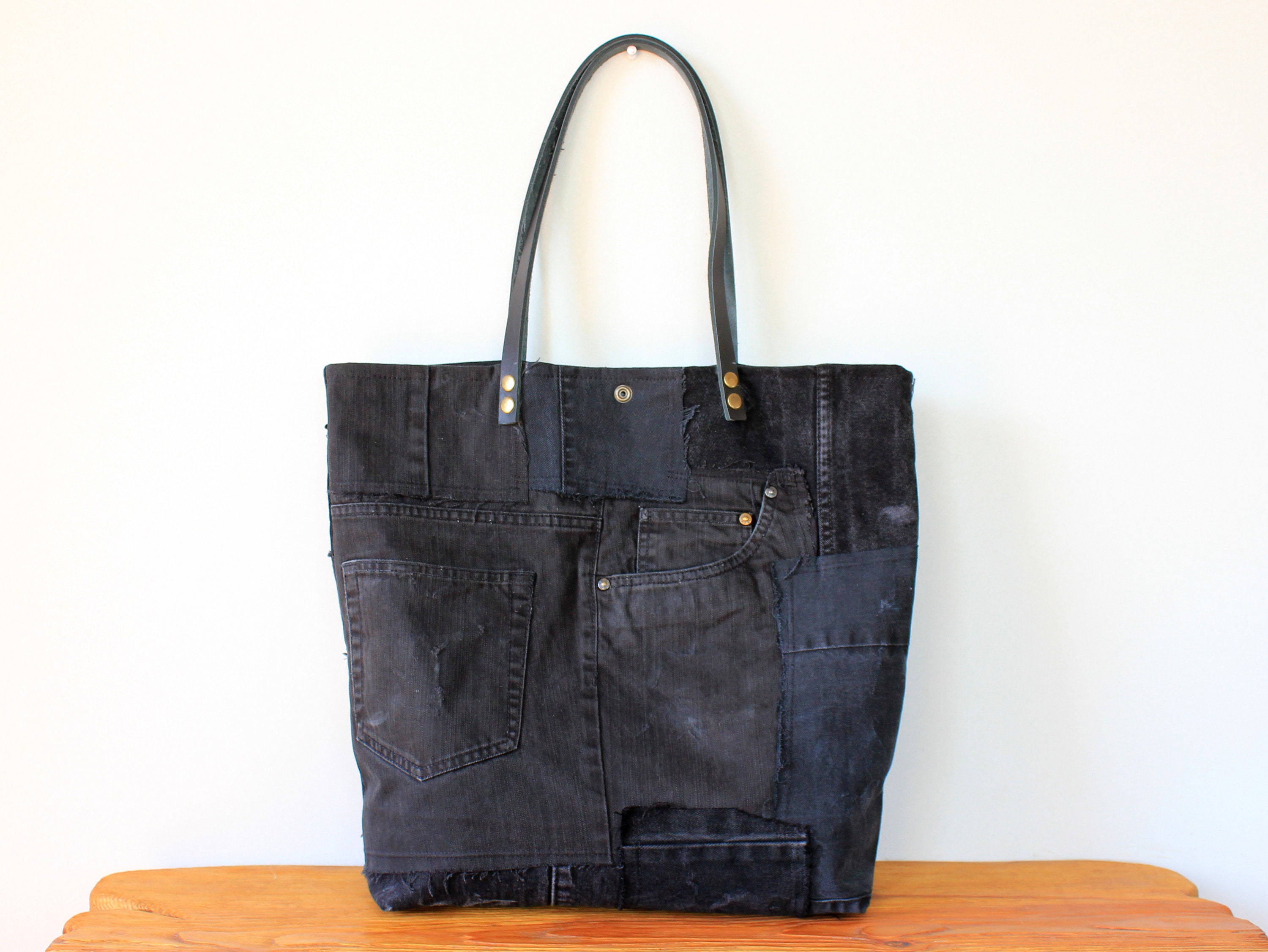 Black ripped shoulder tote bag . Large patchwork denim handbag | Etsy
