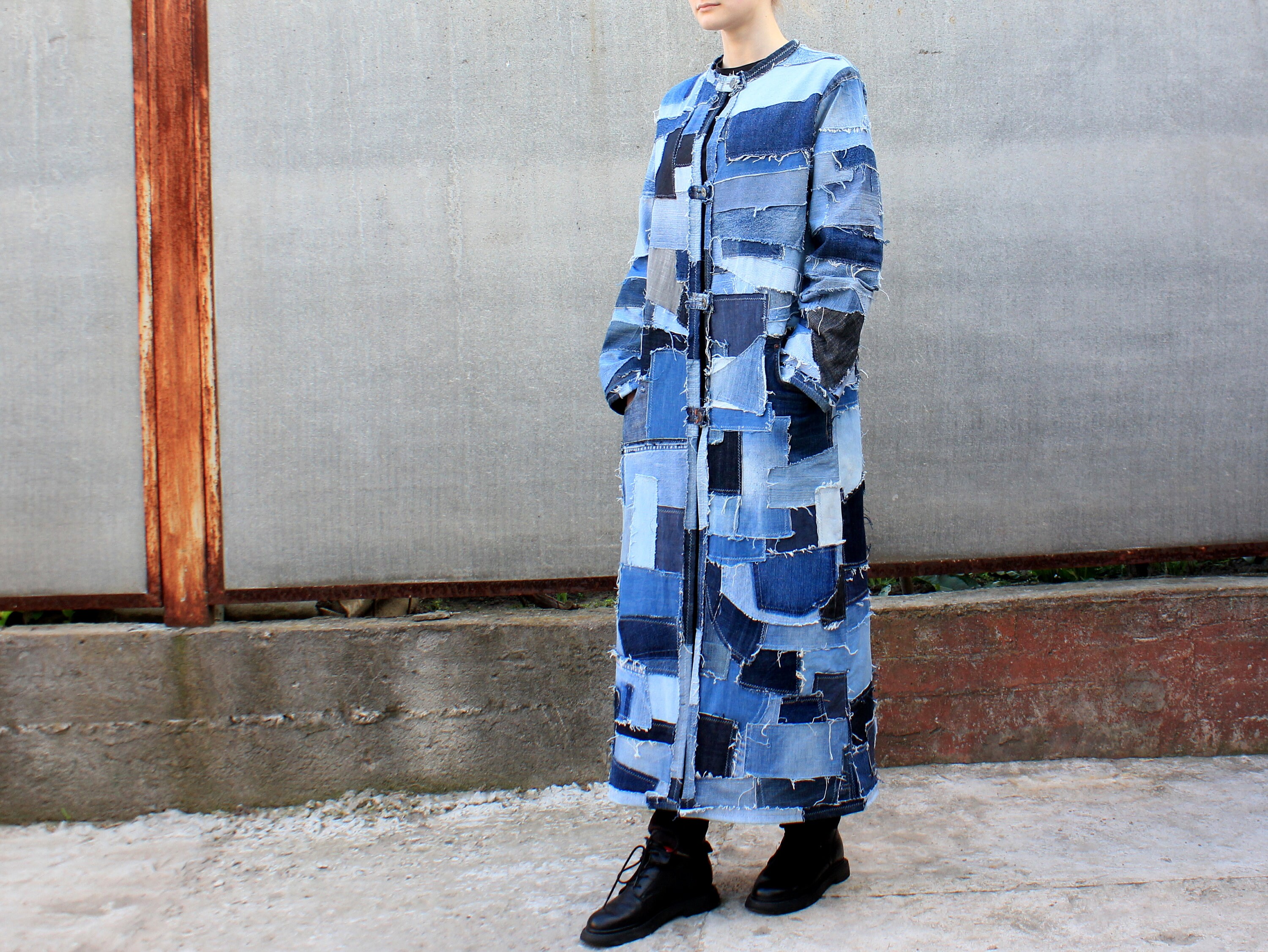Long Patchwork Denim Coat Shades of Blue Jeans Overcoat Maxi - Etsy