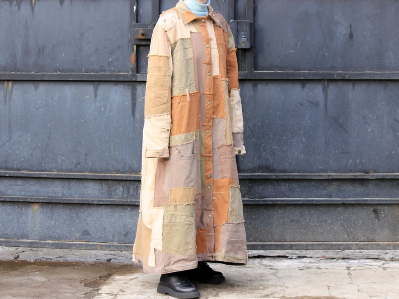 Yellow Patchwork Long Ripped Denim Coat, Art Jeans Robe, Unisex ...