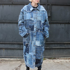 Long Patchwork Jeans Coat, Designer Art Denim Unisex Jacket, Rip Jeans ...