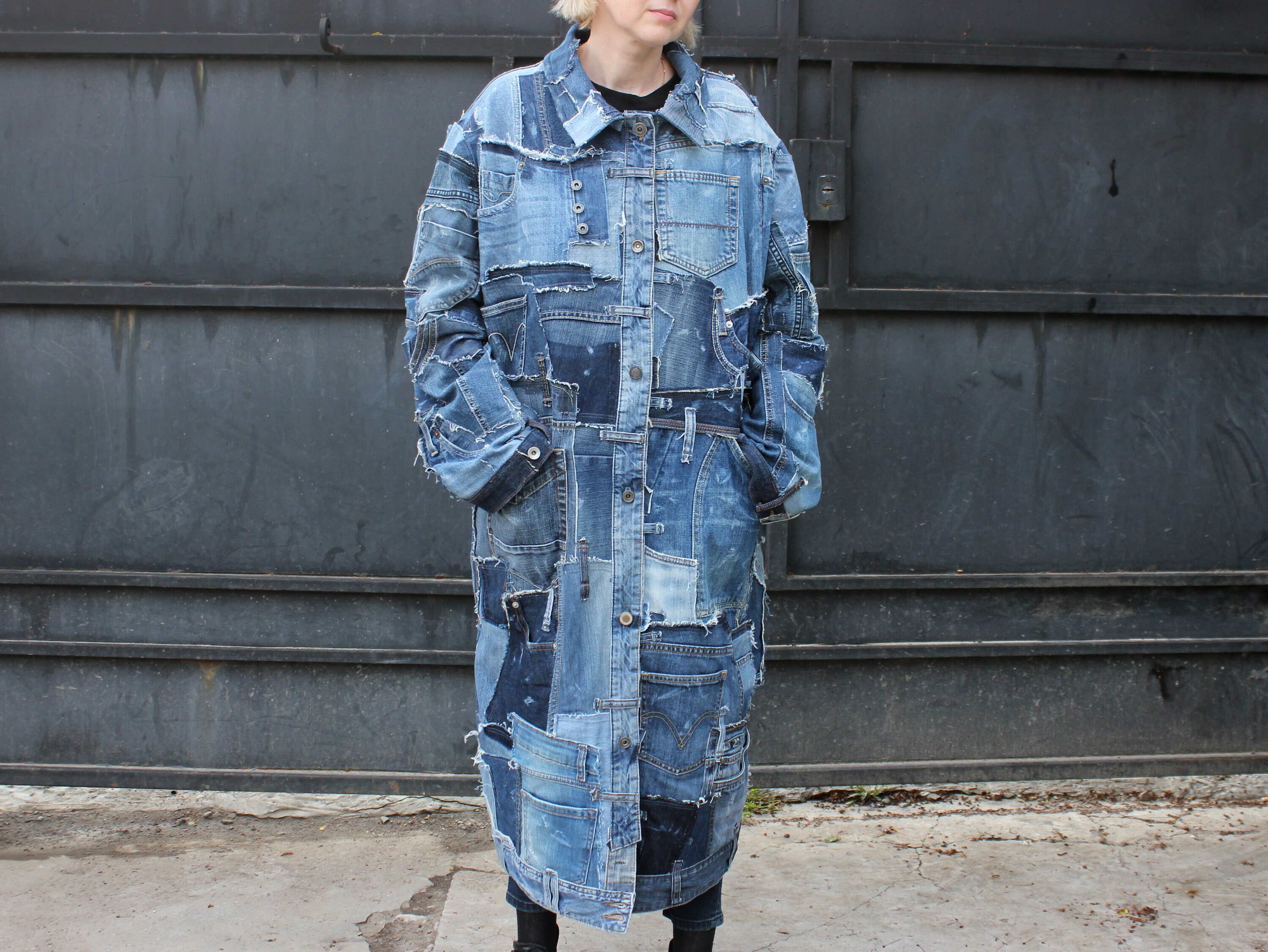 Long Patchwork Jeans Coat Designer Art Denim Unisex Jacket - Etsy Sweden