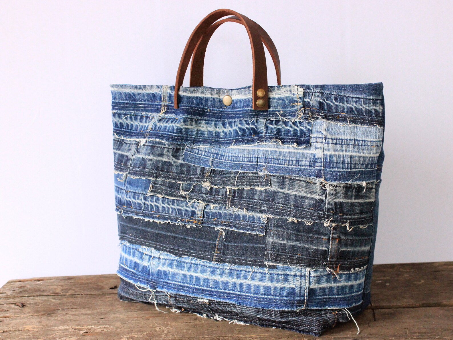 Hipster Boro Style Patchwork Denim Bag With Leather Handles - Etsy