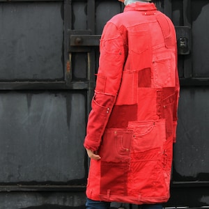 Red Patchwork Ripped Denim Coat, Art Jeans Robe, Unisex Distressed Jean ...