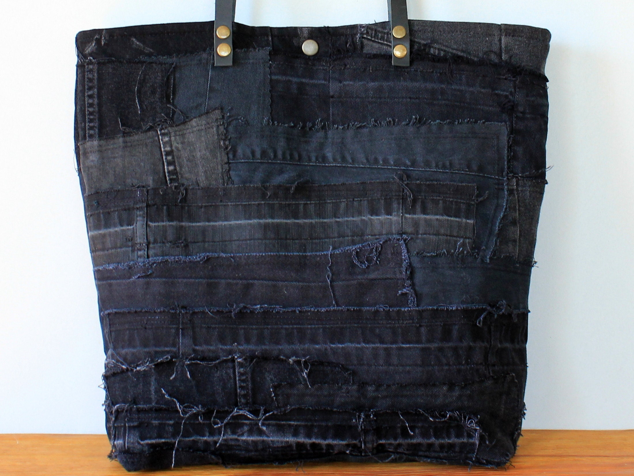 Black ripped shoulder tote bag . Large patchwork denim handbag | Etsy