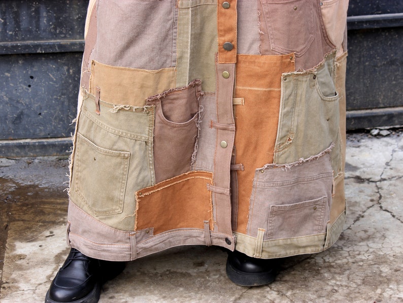 Yellow Patchwork Long Ripped Denim Coat, Art Jeans Robe, Unisex ...