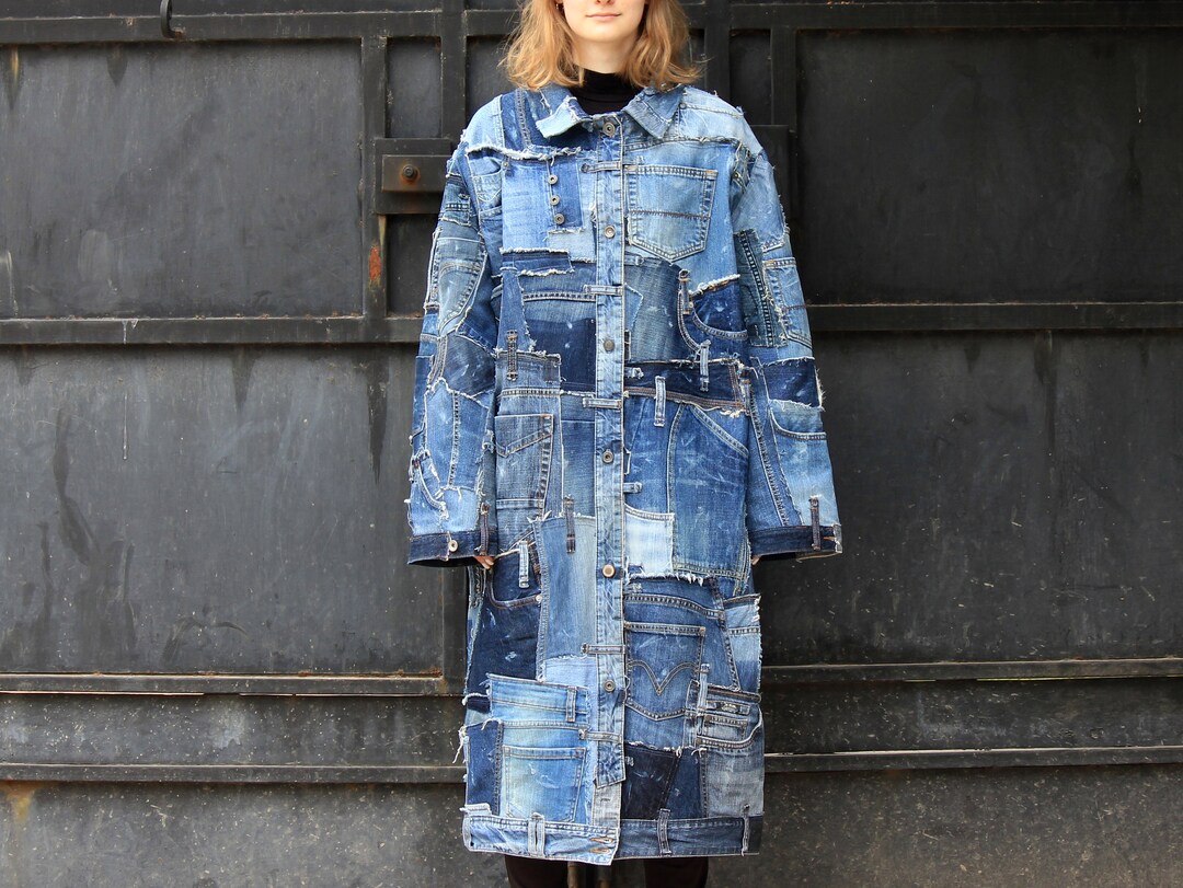 Long Patchwork Jeans Coat, Designer Art Denim Unisex Jacket, Rip Jeans ...