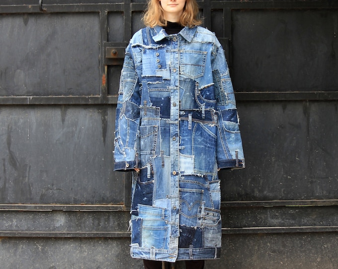 Long Patchwork Jeans Coat, Designer Art Denim Unisex Jacket, Rip Jeans ...