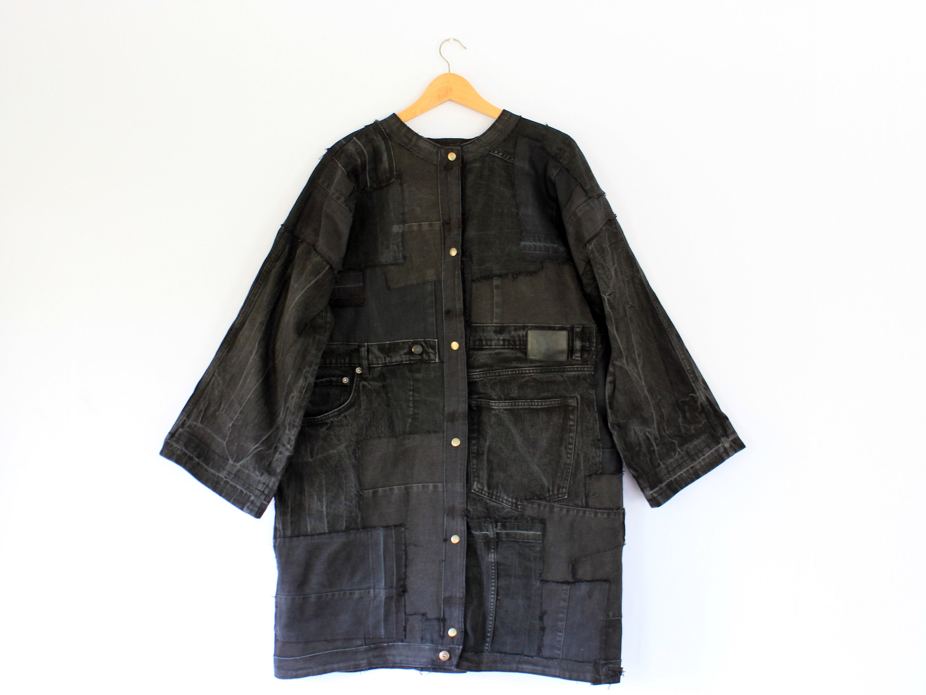 BLACK Patchwork Ripped Denim Coat Oversize Black Robe Unisex - Etsy