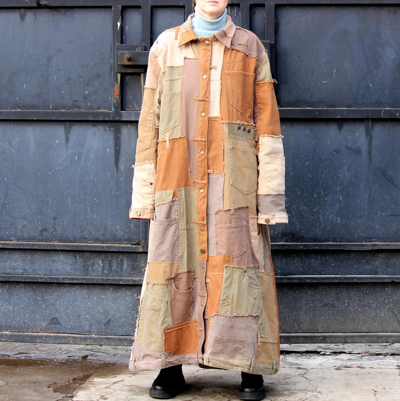 Yellow Patchwork Long Ripped Denim Coat, Art Jeans Robe, Unisex ...