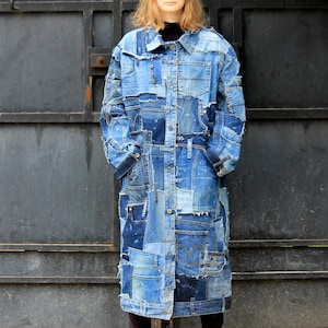 Long Patchwork Jeans Coat, Designer Art Denim Unisex Jacket, Rip Jeans ...
