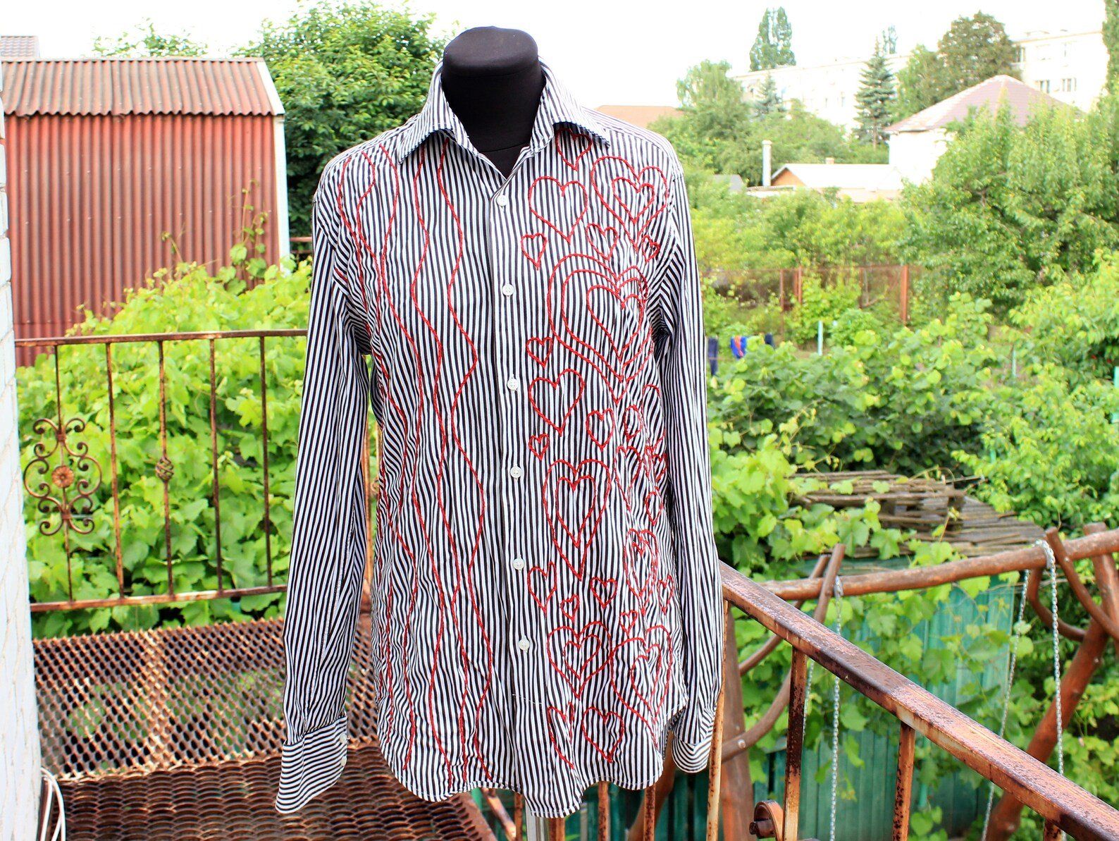 Black and White Striped Shirt With Red Hearts, Unique Blouse With ...