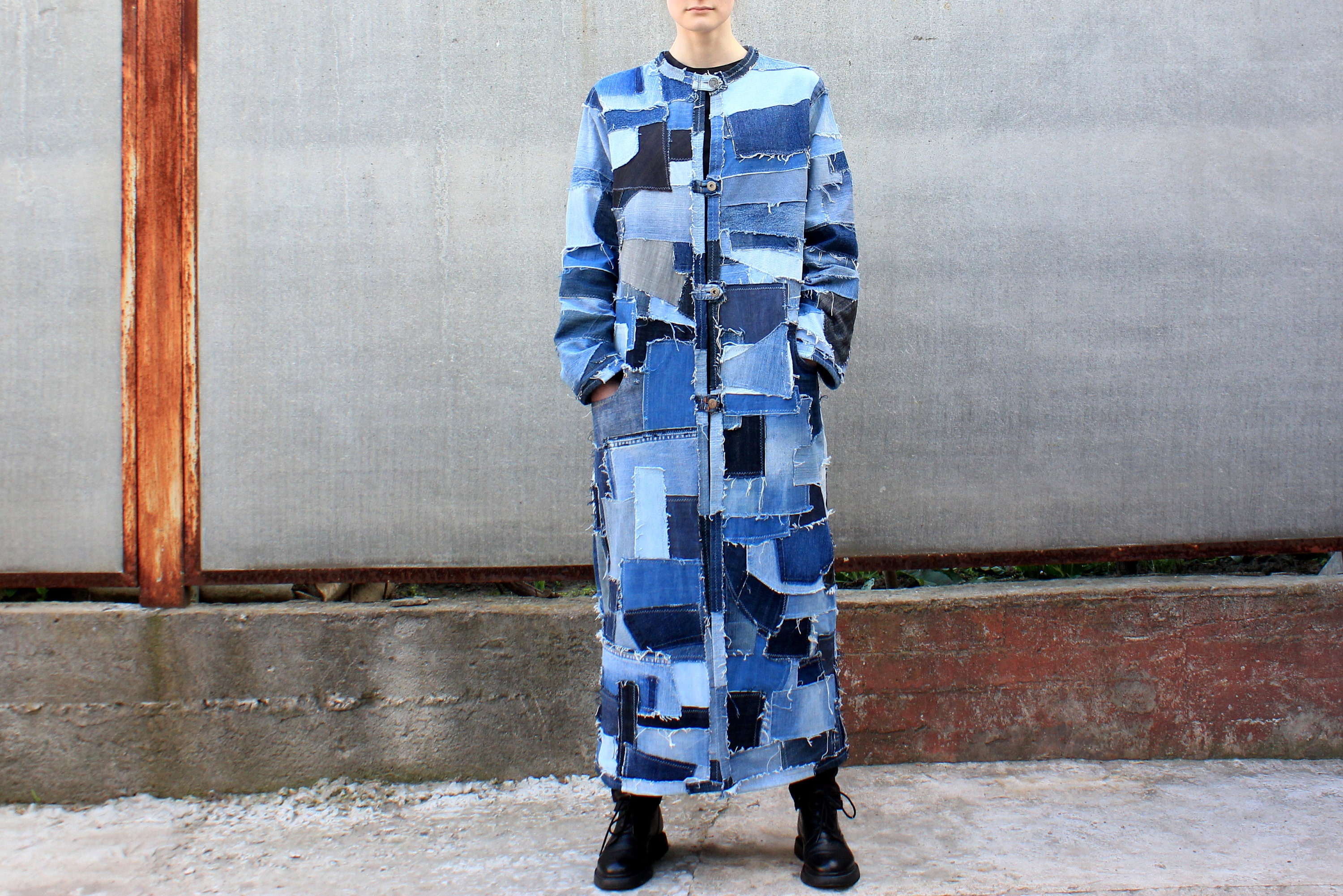 Long Patchwork Denim Coat Shades of Blue Jeans Overcoat Maxi - Etsy