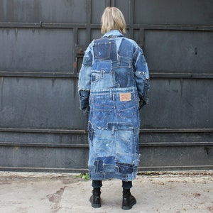 Long Patchwork Jeans Coat, Designer Art Denim Unisex Jacket, Rip Jeans ...