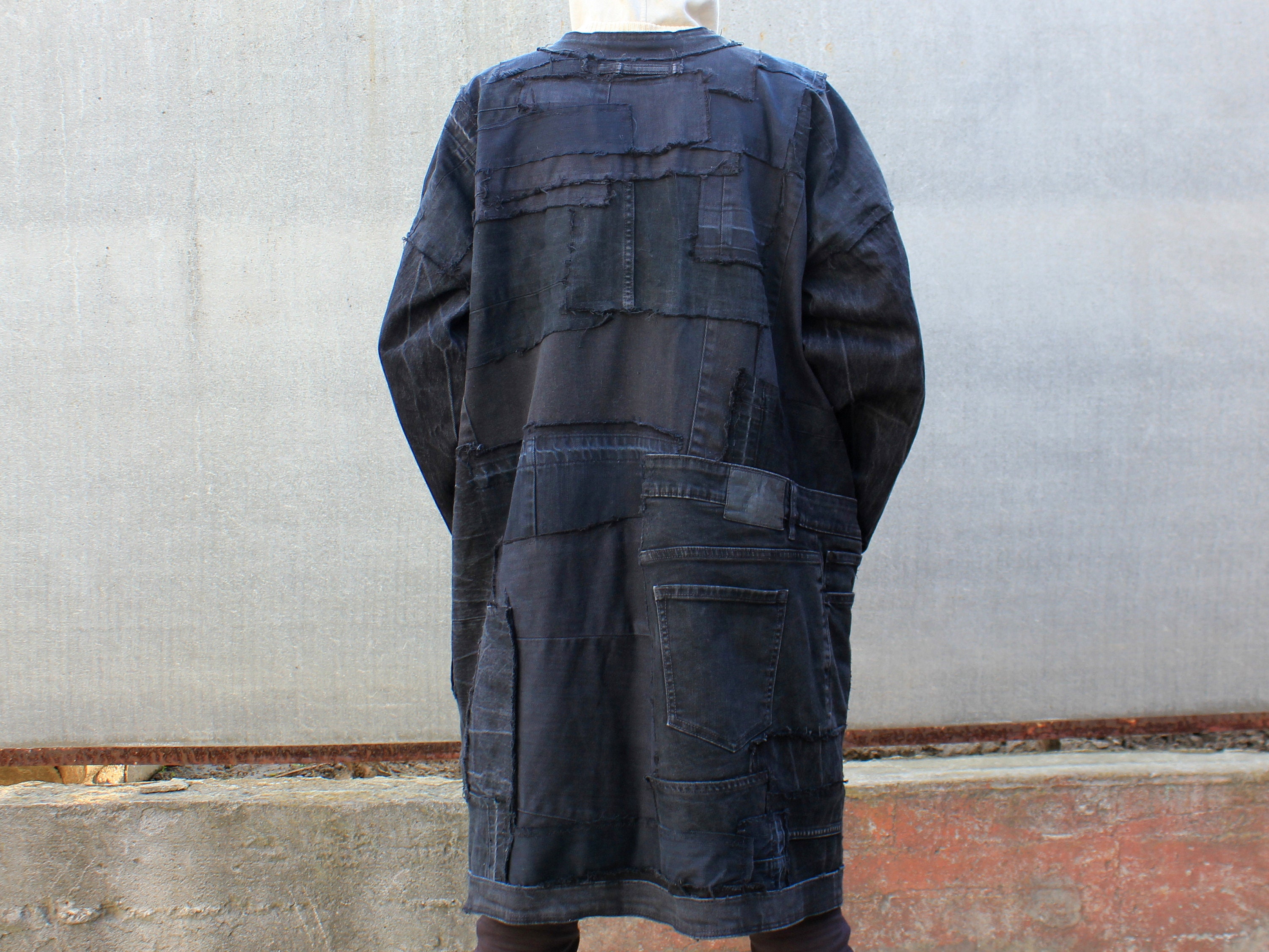 BLACK Patchwork Ripped Denim Coat Oversize Black Robe Unisex - Etsy