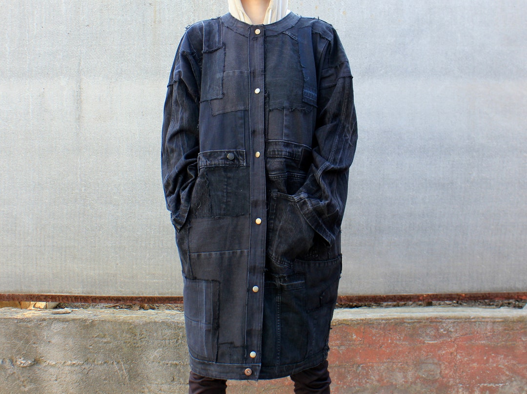 BLACK Patchwork Ripped Denim Coat Oversize Black Robe Unisex - Etsy