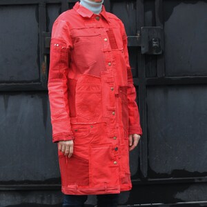 Red Patchwork Ripped Denim Coat, Art Jeans Robe, Unisex Distressed Jean ...