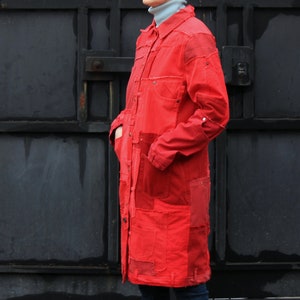Red Patchwork Ripped Denim Coat, Art Jeans Robe, Unisex Distressed Jean ...