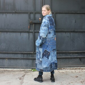 Long Patchwork Jeans Coat, Designer Art Denim Unisex Jacket, Rip Jeans ...