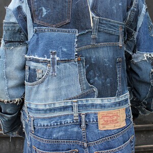 Long Patchwork Jeans Coat, Designer Art Denim Unisex Jacket, Rip Jeans ...