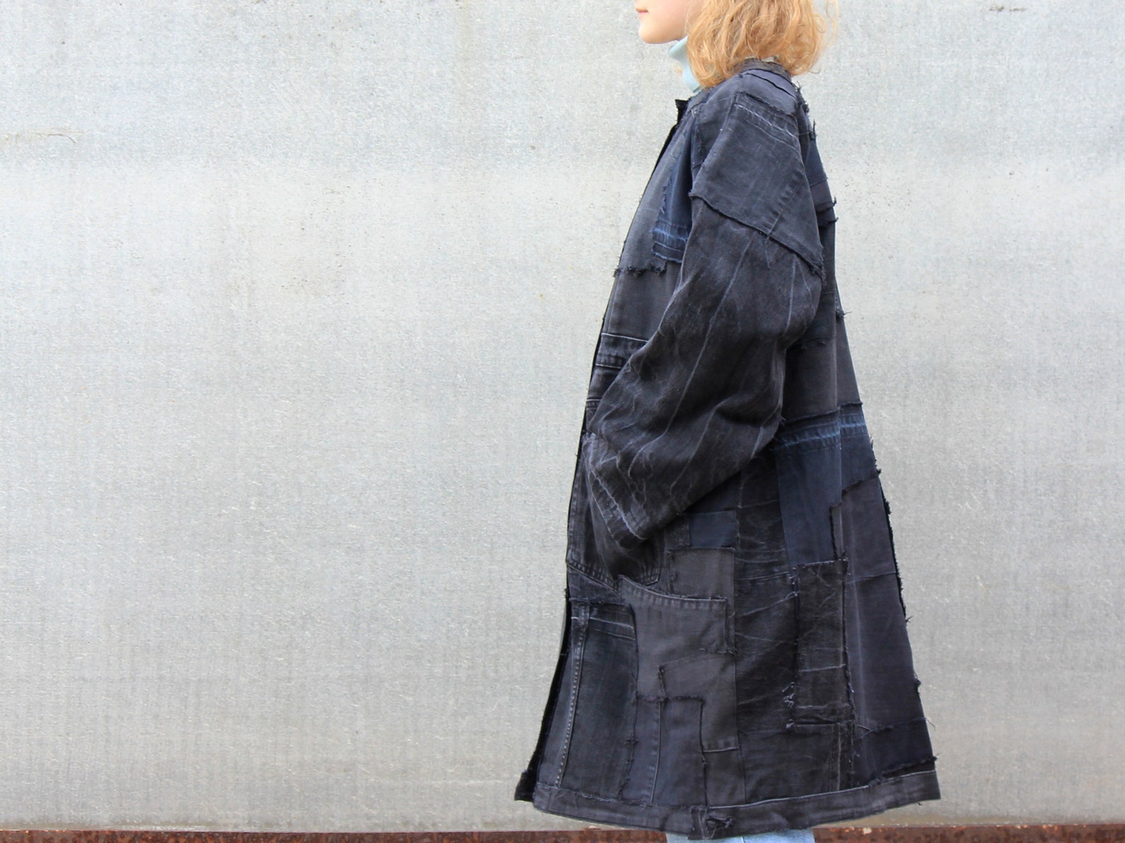 BLACK Patchwork Ripped Denim Coat, Oversize Black Robe, Unisex ...