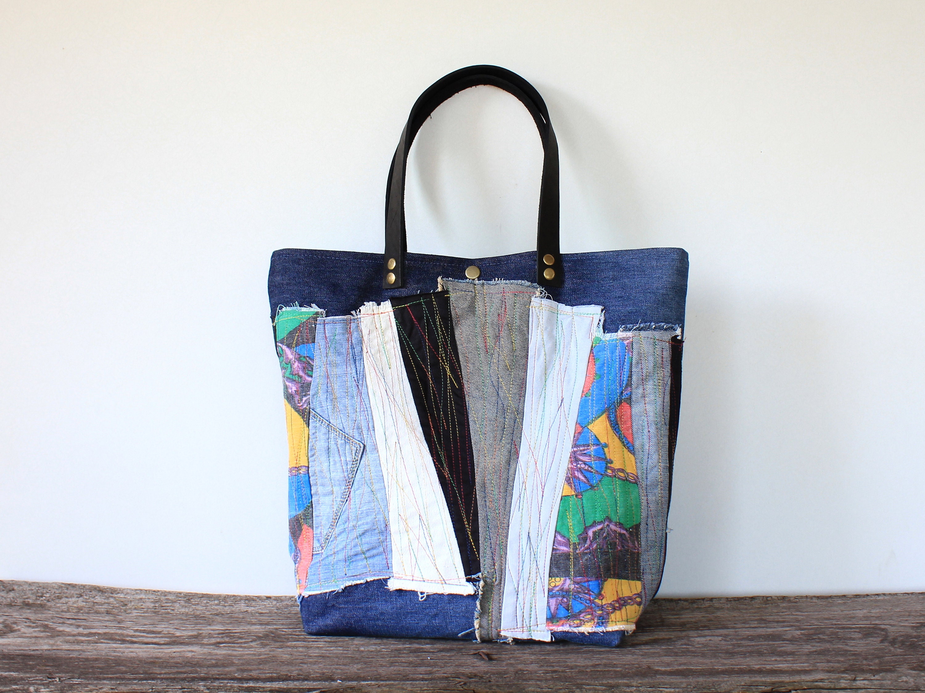 Color Block Art Denim Bag, Designer Shoulder Jeans Handbag, Handcrafted ...