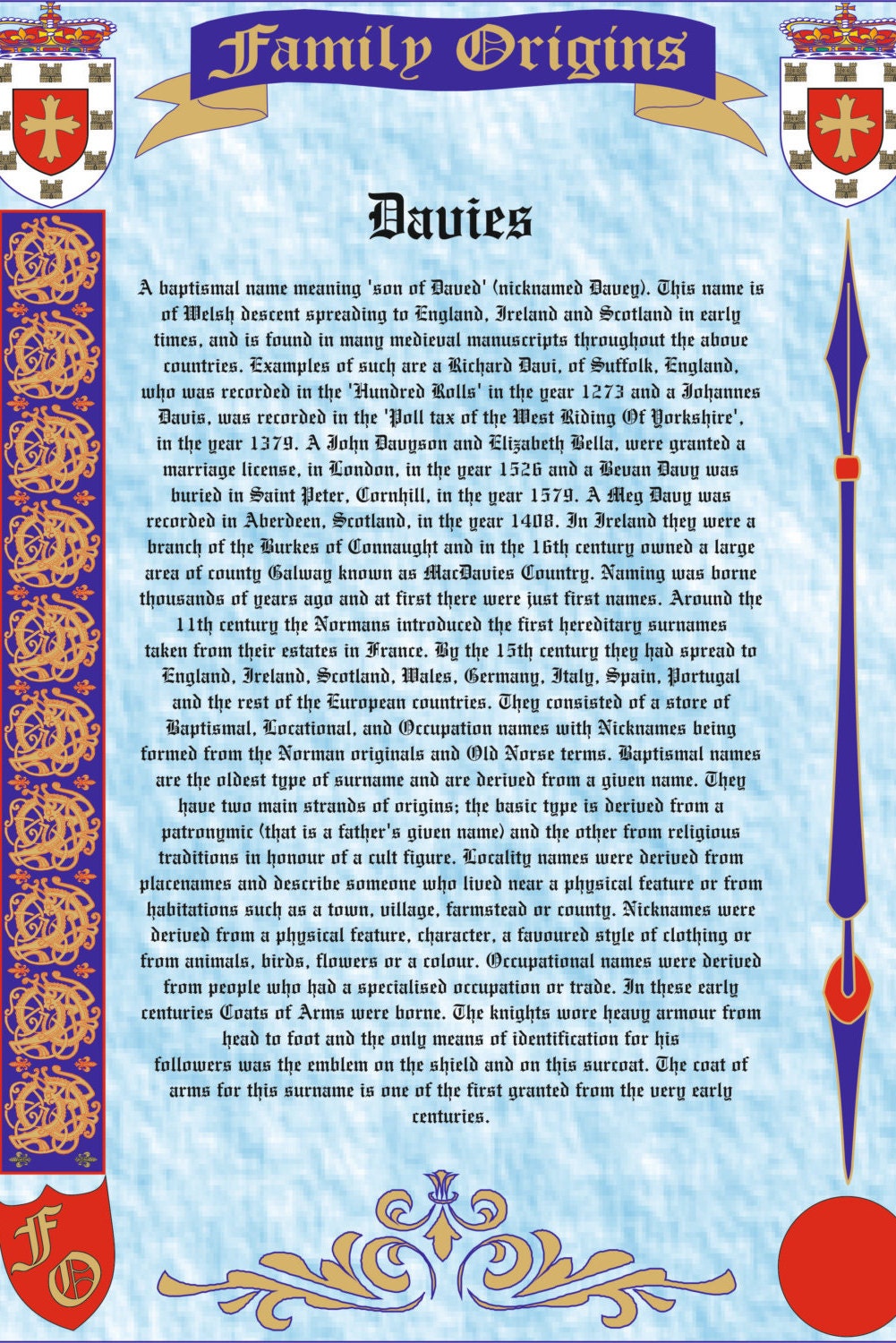 Family Surname Origins A4 Scrolls A5 Greeting Card Various Colours ...