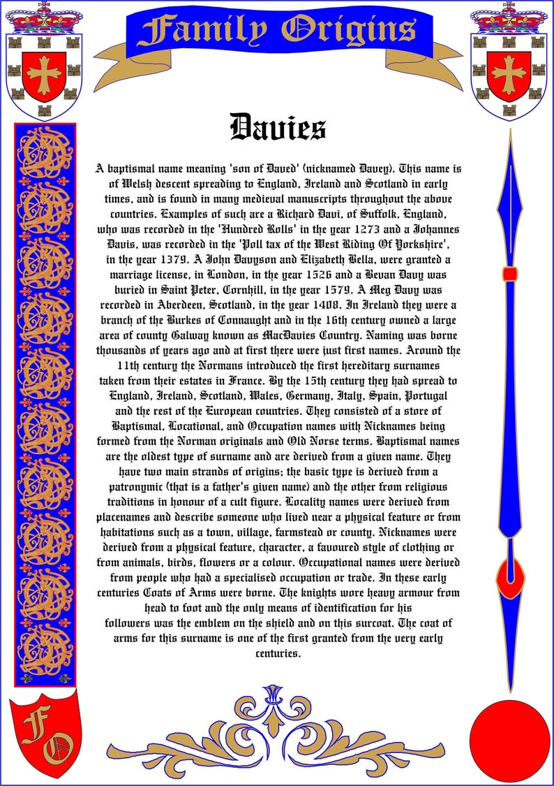 Family Surname Origins A4 Scrolls A5 Greeting Card Various Colours ...