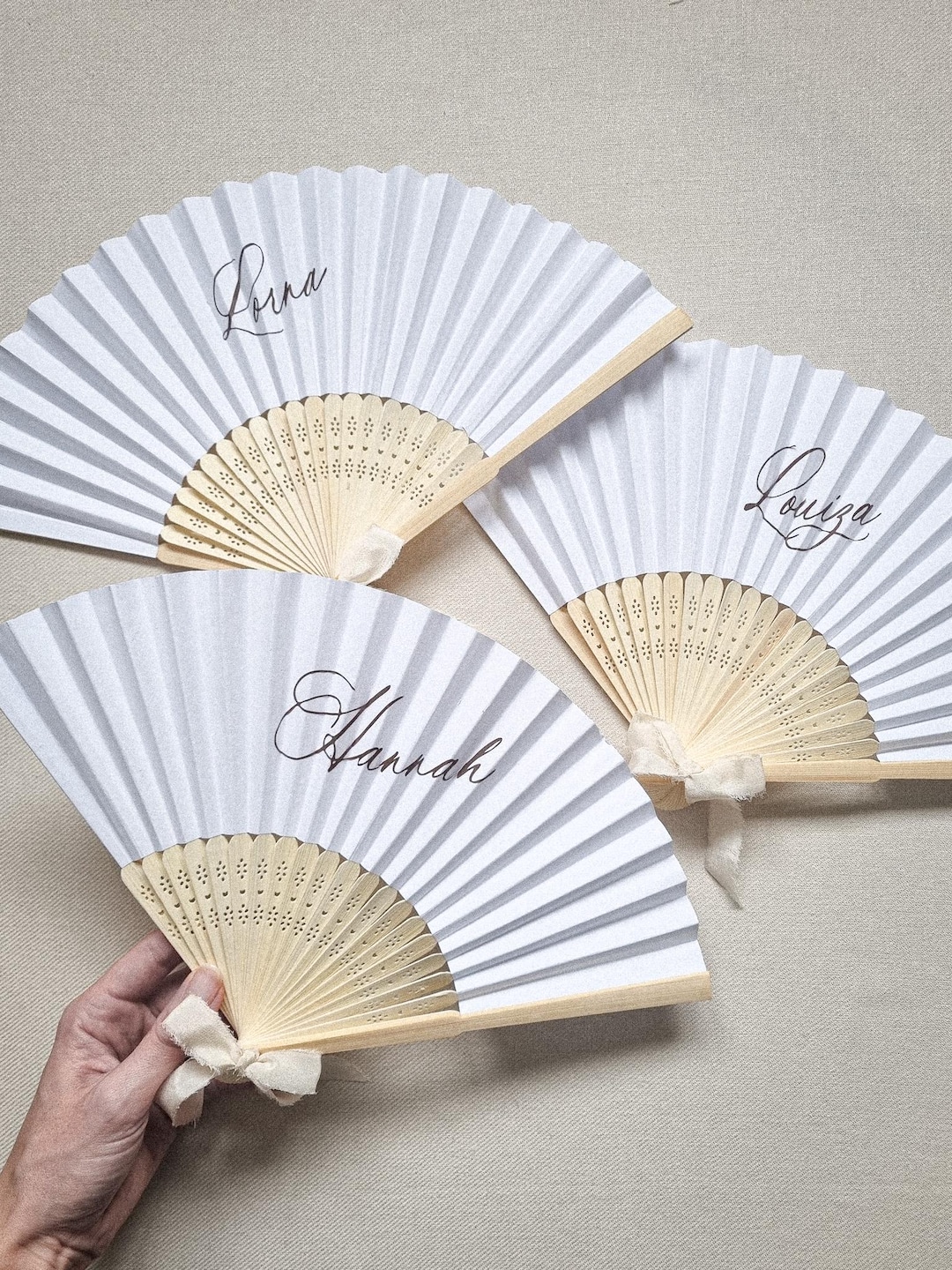 Personalised Wedding Hand Fan – Custom Guest Name Favour, Cream & Brown ...