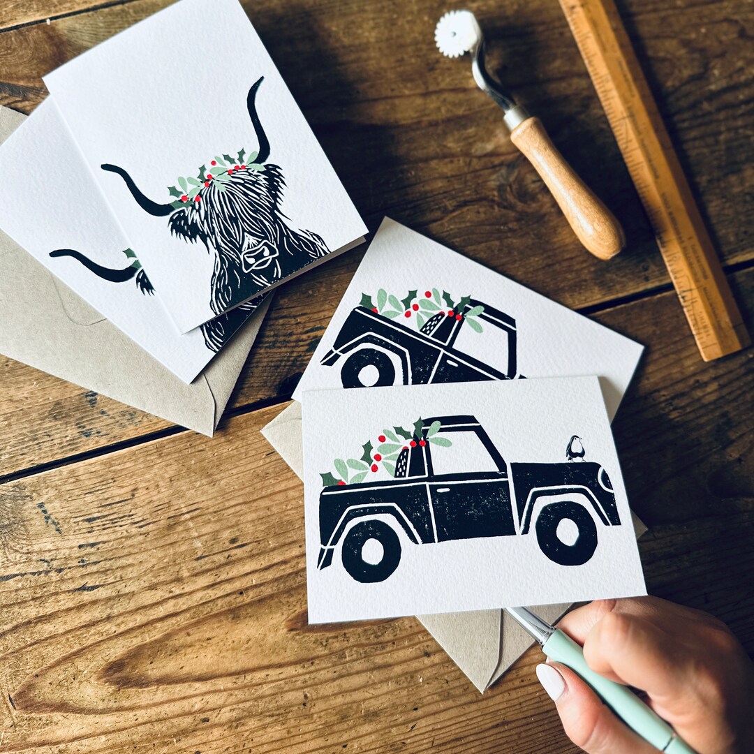 Pack of 8 Land Rover and Highland Cow Christmas Cards - Etsy UK