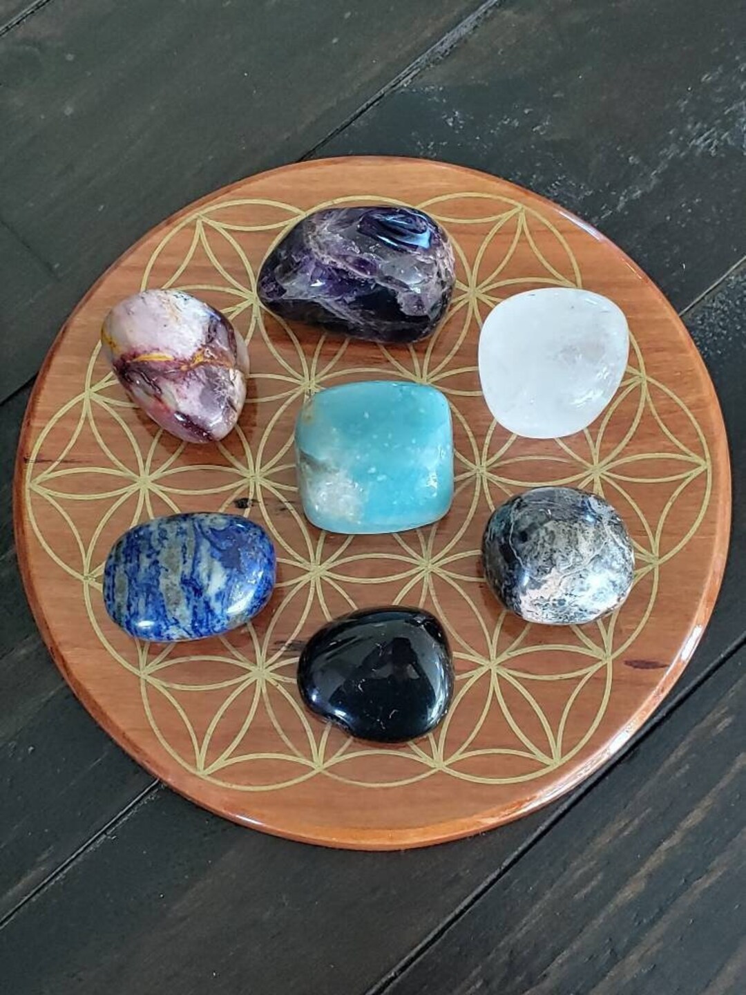 6" Flower of Life Crystal Grid Cherry Wood Hand Painted Gold Sacred ...