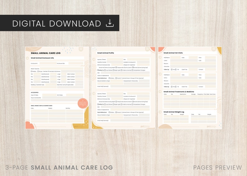 Small Animal Care Log | Printable | Pet Care Planner | Pet Maintenance ...