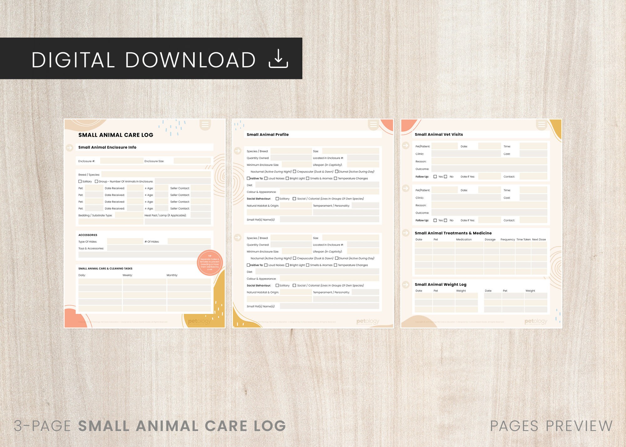 Small Animal Care Log | Printable | Pet Care Planner | Pet Maintenance ...