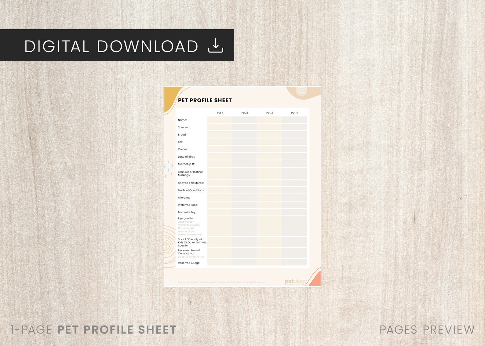 Pet Profile Sheet Multiple Pets | Printable | Pet Care Planner | Pet ...