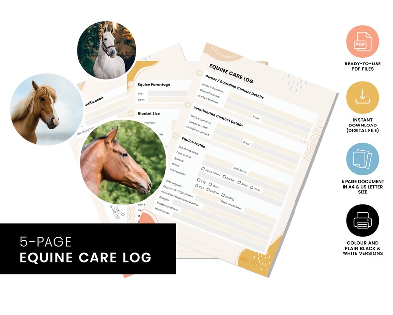 Equine Care Log | Printable | Pet Care Planner | Pet Maintenance | Pet ...