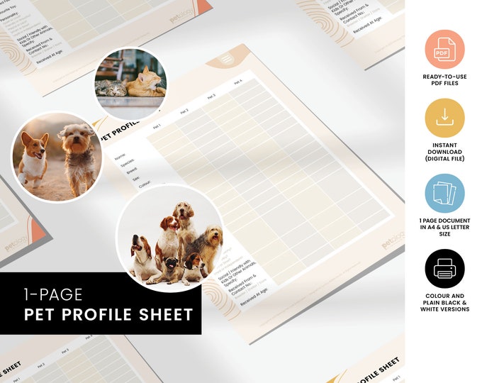 Printable Pet Profile, Pet Bio Print, Dog Biography, Cat Information ...