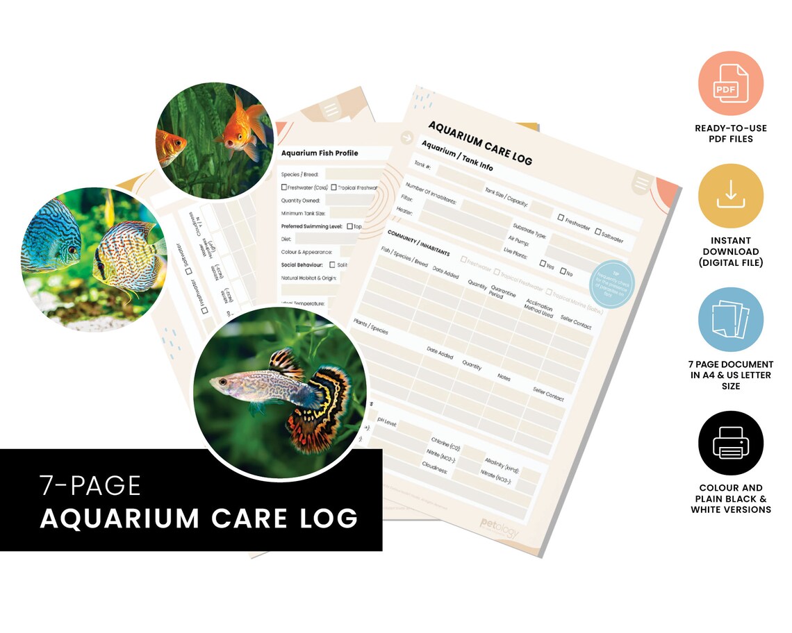Aquarium Care Log | Printable | Pet Care Planner | Aquarium Maintenance ...