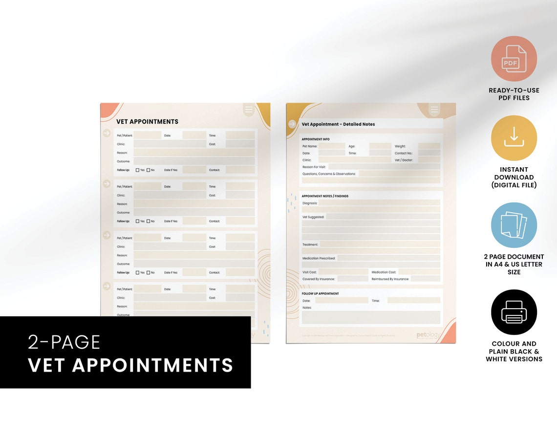 Vet Appointments Printable | Pet Care Planner | Pet Maintenance | Pet ...