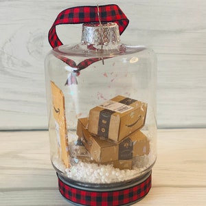 Amazon Inspired Christmas Ornament, Packages and Boxes Snow Globe Tree ...