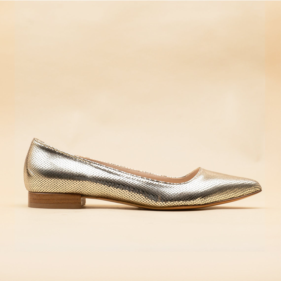 Gold Leather Pointy Leather Flats, Gold Leather Pointy Ballerina ...