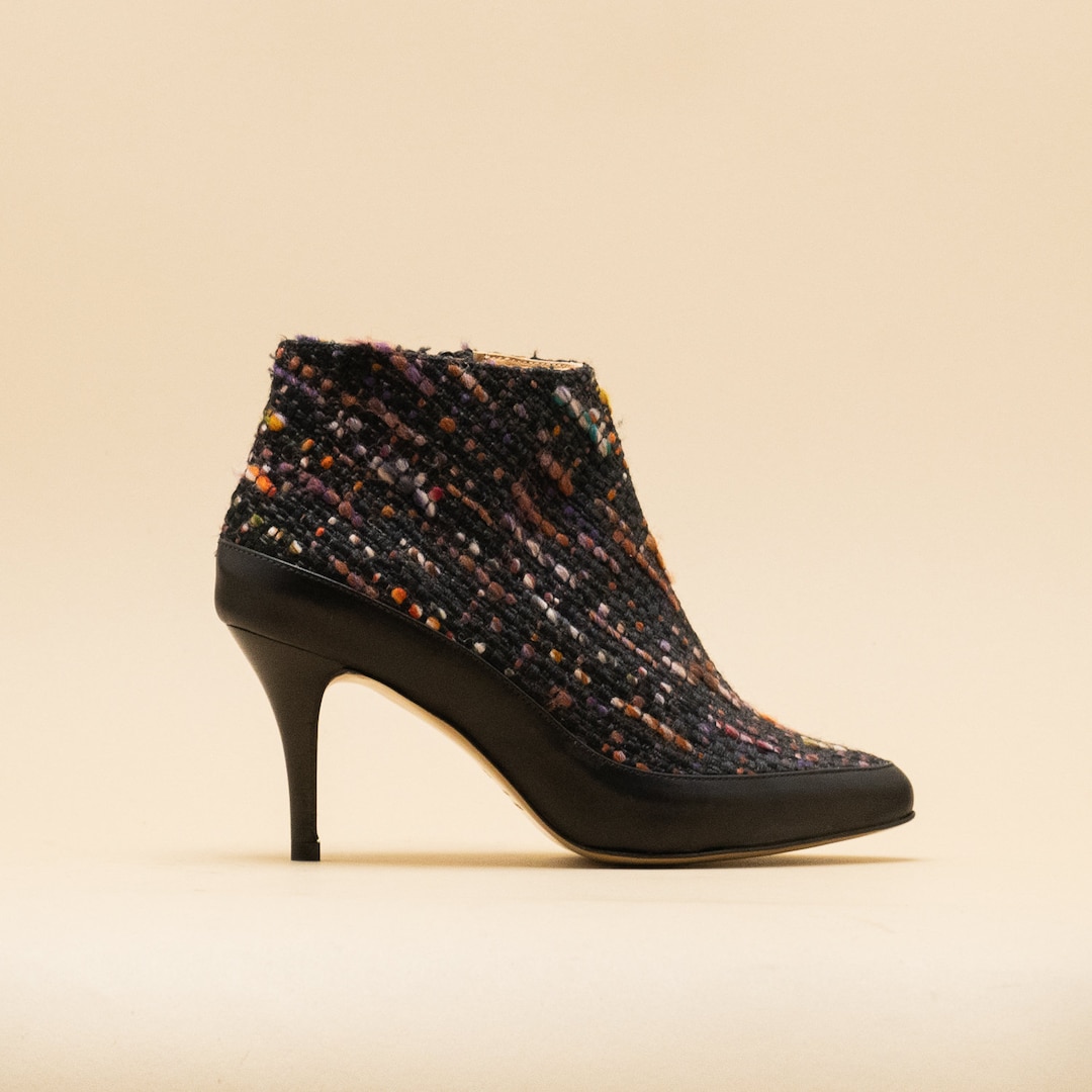Women Tweed and Leather Pointy Boots, Pointy Leather Boots, Woman ...