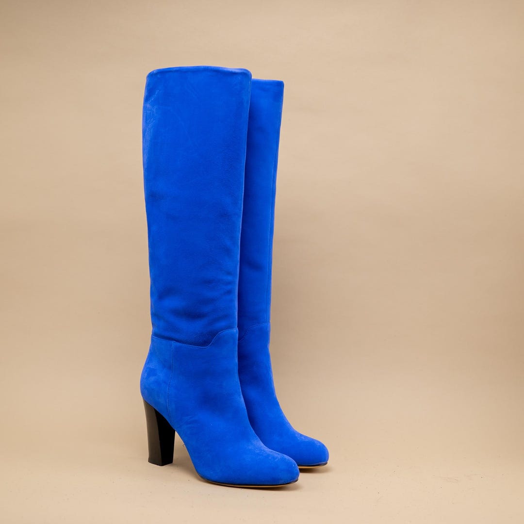 Electric Blue Suede Leather Knee High Boots, Women Suede High Boots, Handmade Italian High Boot ...