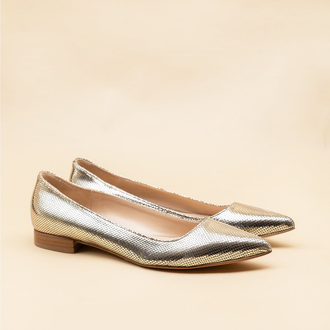 Gold Leather Pointy Leather Flats, Gold Leather Pointy Ballerina ...