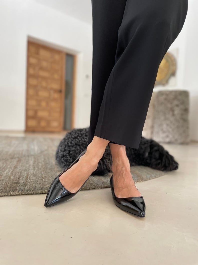 Black Patent Pointy Leather Flats, Black Leather Pointy Ballerina ...