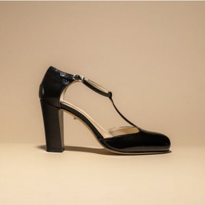 T Strap Black Leather Shoes, Black Patent Leather T Strap Heel ...