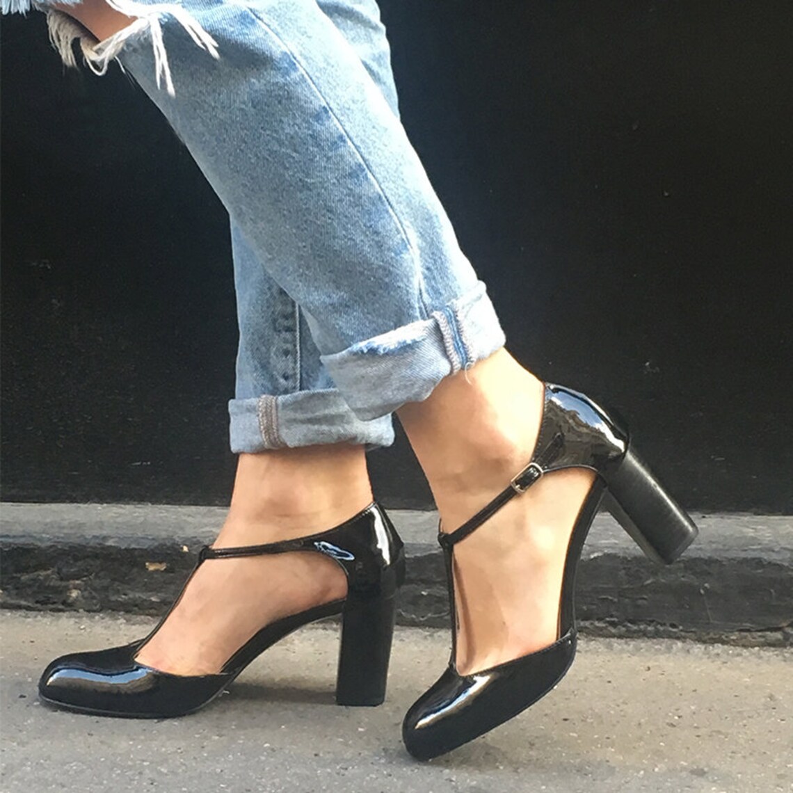 T Strap Black Leather Shoes, Black Patent Leather T Strap Heel ...