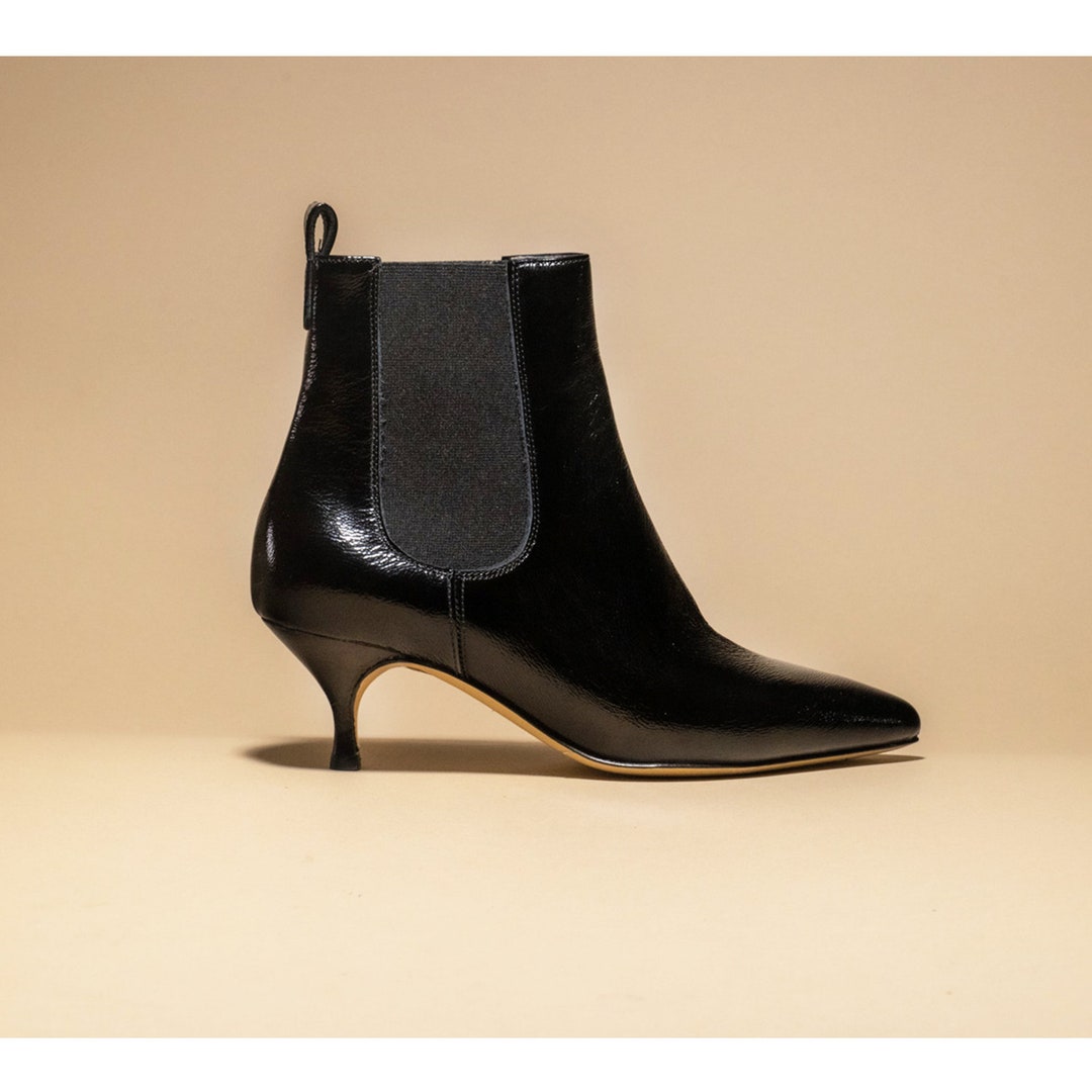 Pointy Woman Chelsea Boots, Black Patent Pointy Boots, Low Heel Ankle ...